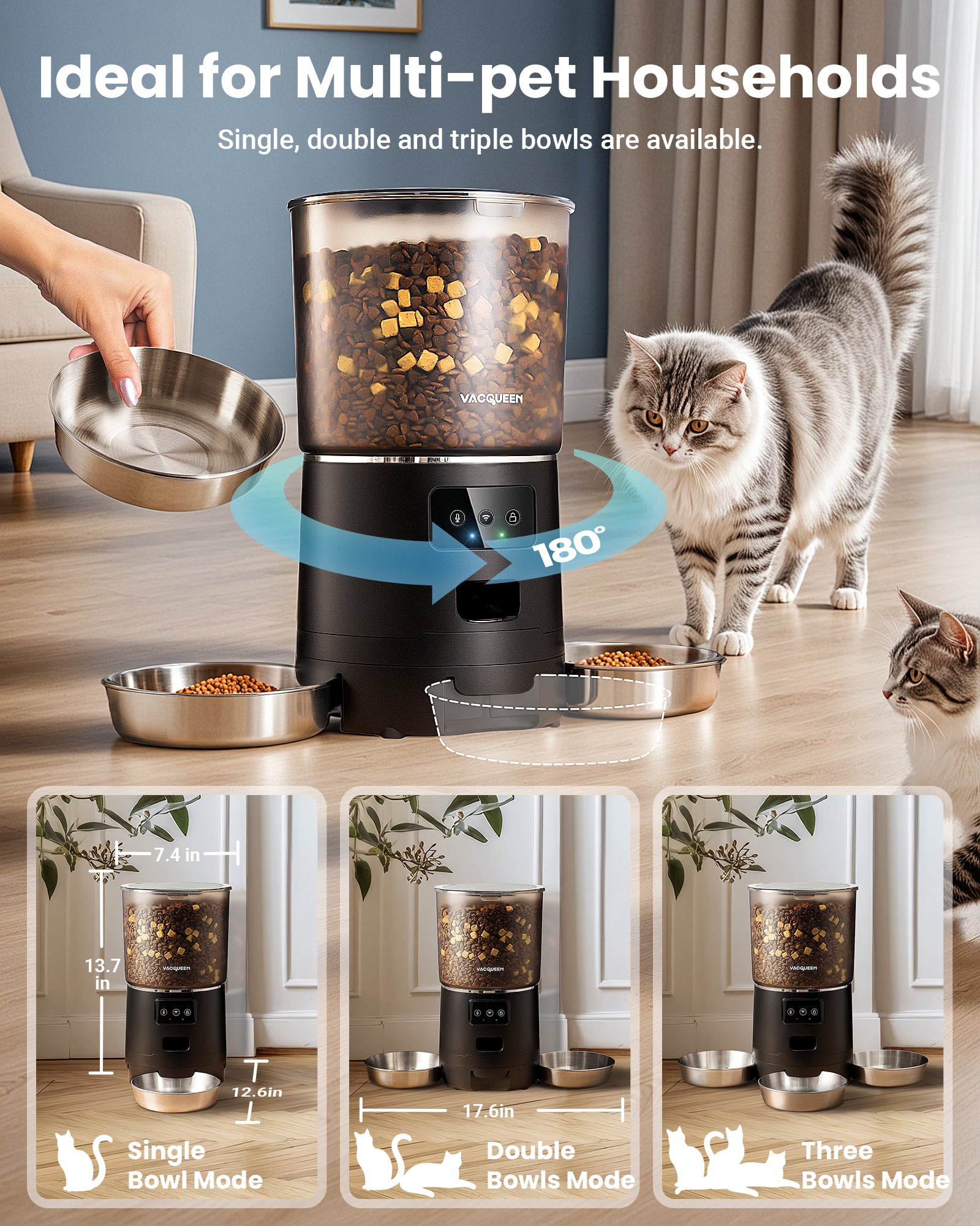 Automatic Cat Feeder for 3 Cats – 6L Smart Wi-Fi Pet Feeder with Voice ...
